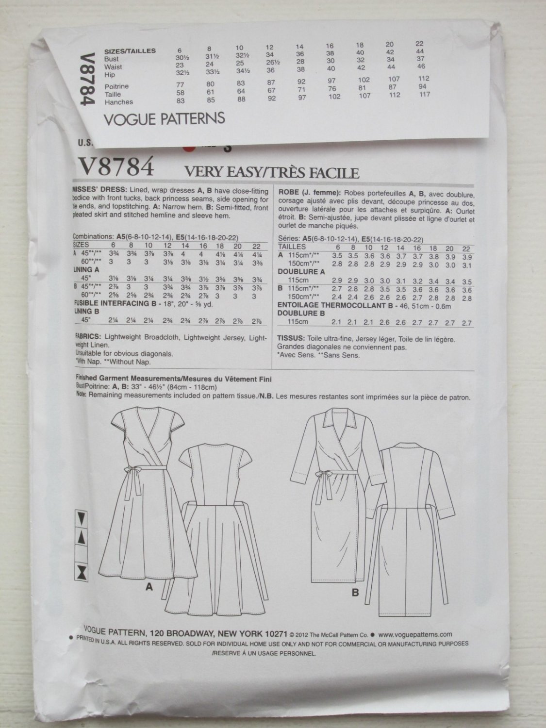 Vogue V8784 Misses' Wrap Dress UNCUT Sewing Pattern Sizes 14 - 22 8784