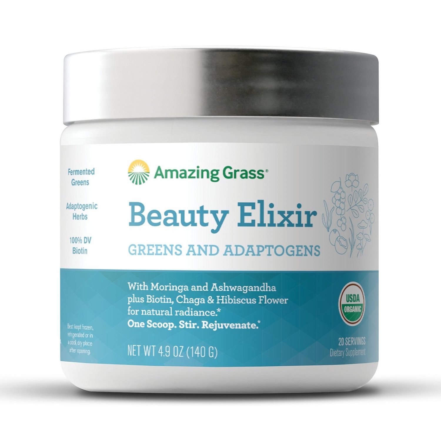 Amazing Grass Beauty Elixir, Greens and Adaptogens Organic Powder 20 Serving Tub