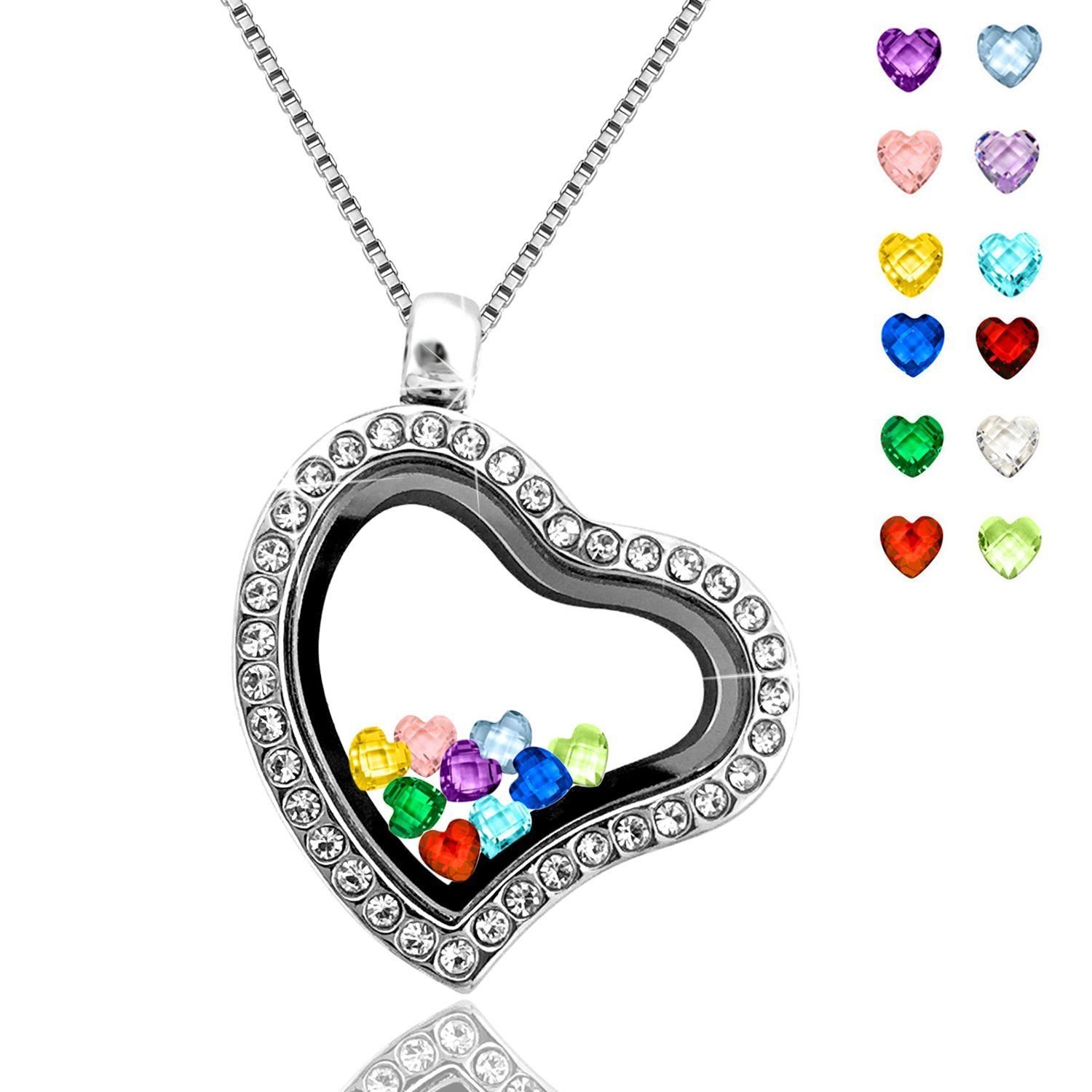 Mothers Day Gift Heart Floating Locket Pendant Necklace 12 Crystal ...