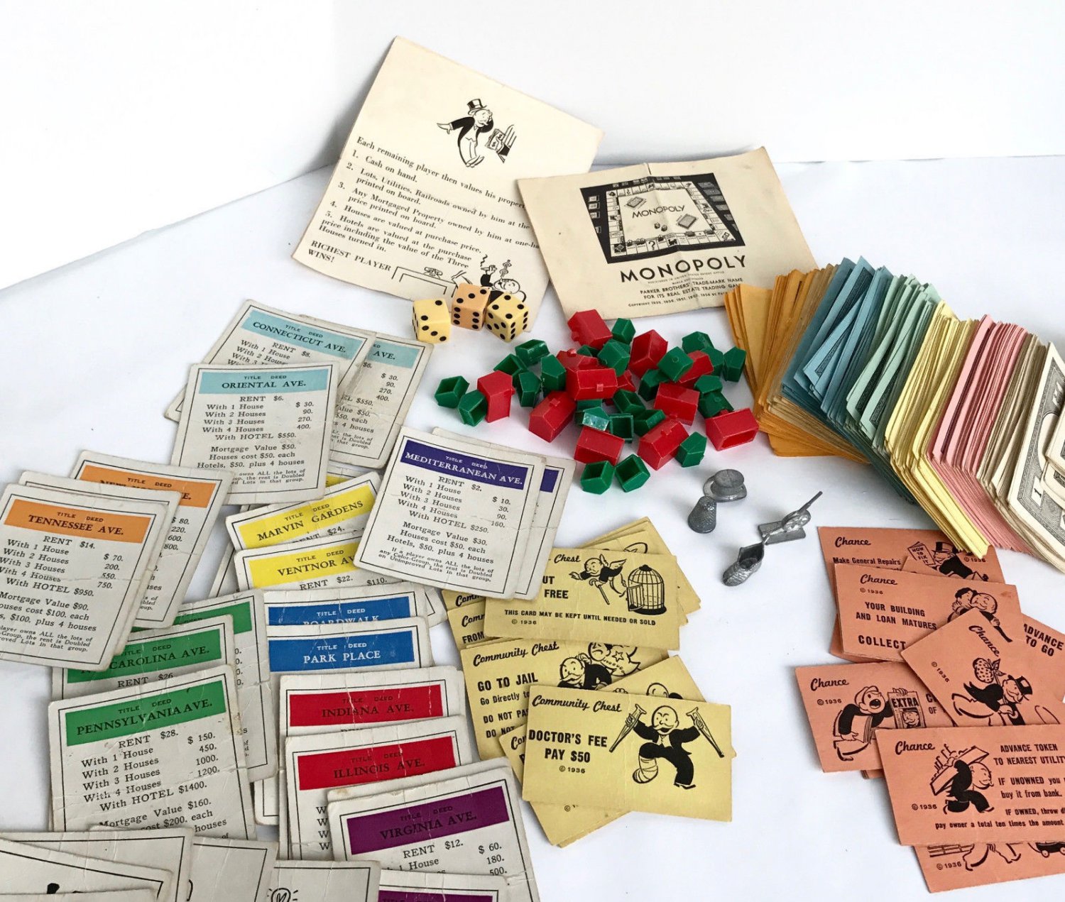 Monopoly Parts Pieces Houses Chance Property Cards Tokens Money ...