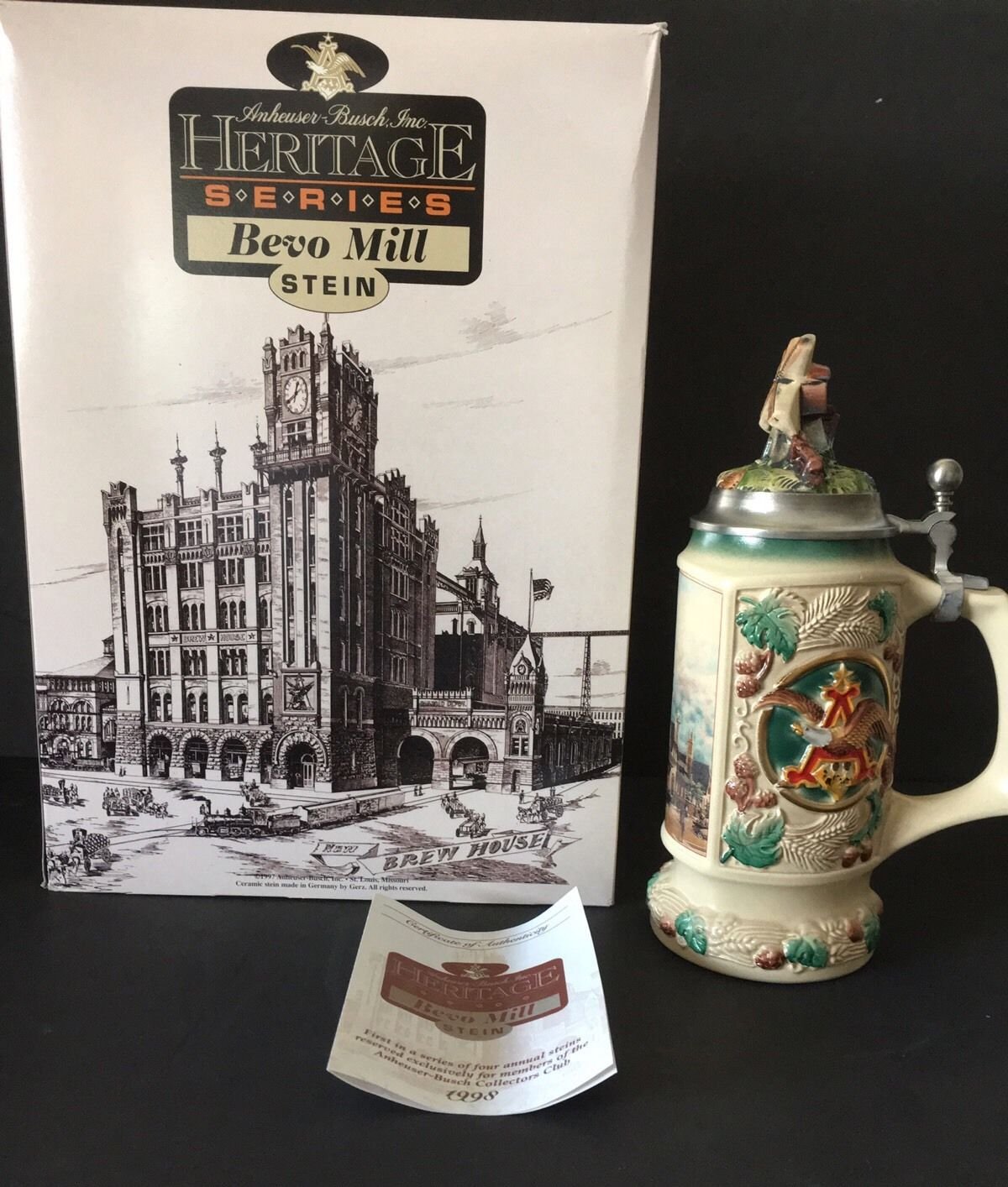 Stein Lidded Anheuser-Busch Club CB16 HERITAGE Series BEVO MILL. COA