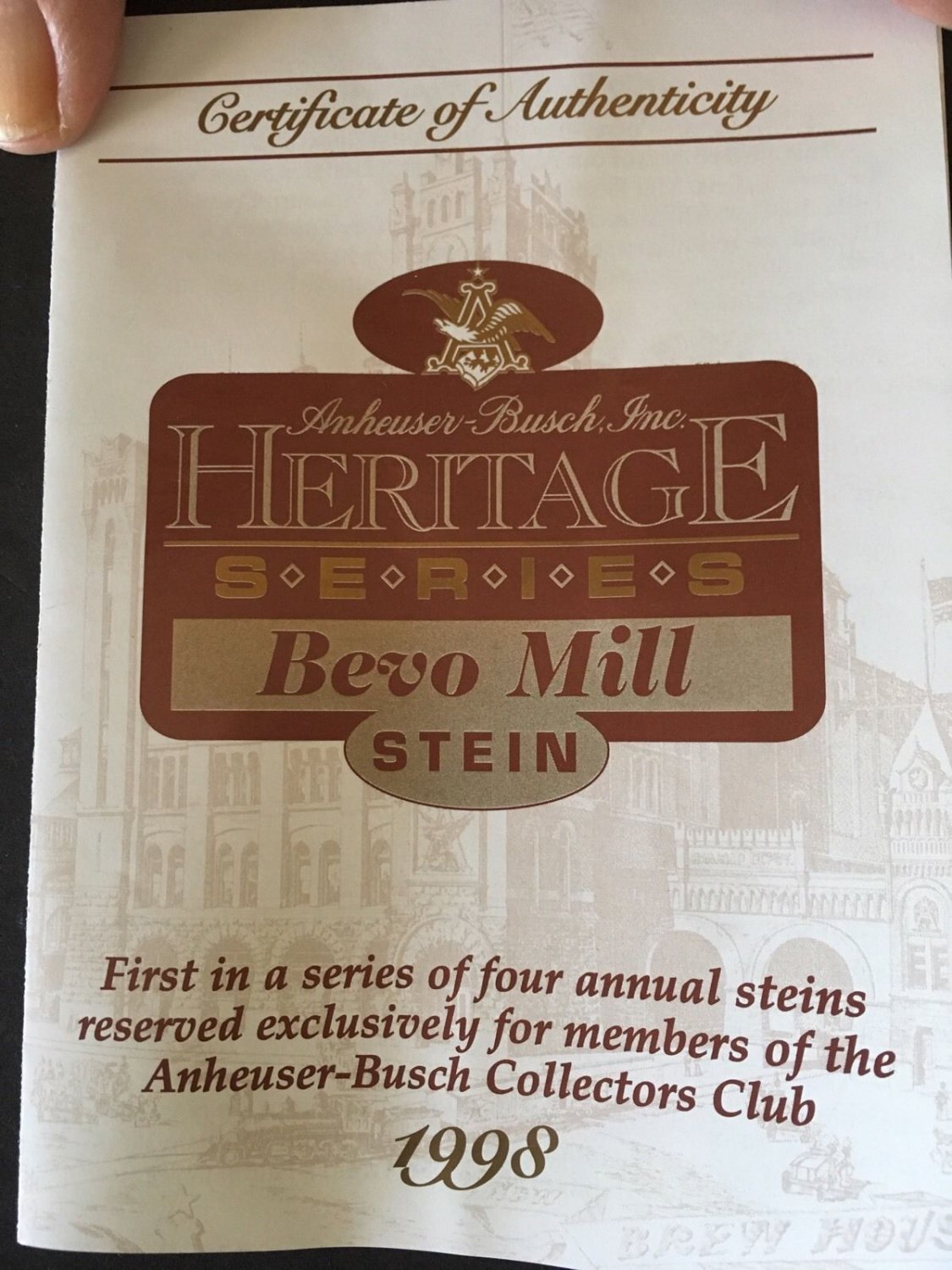 Stein Lidded Anheuser-Busch Club CB16 HERITAGE Series BEVO MILL. COA