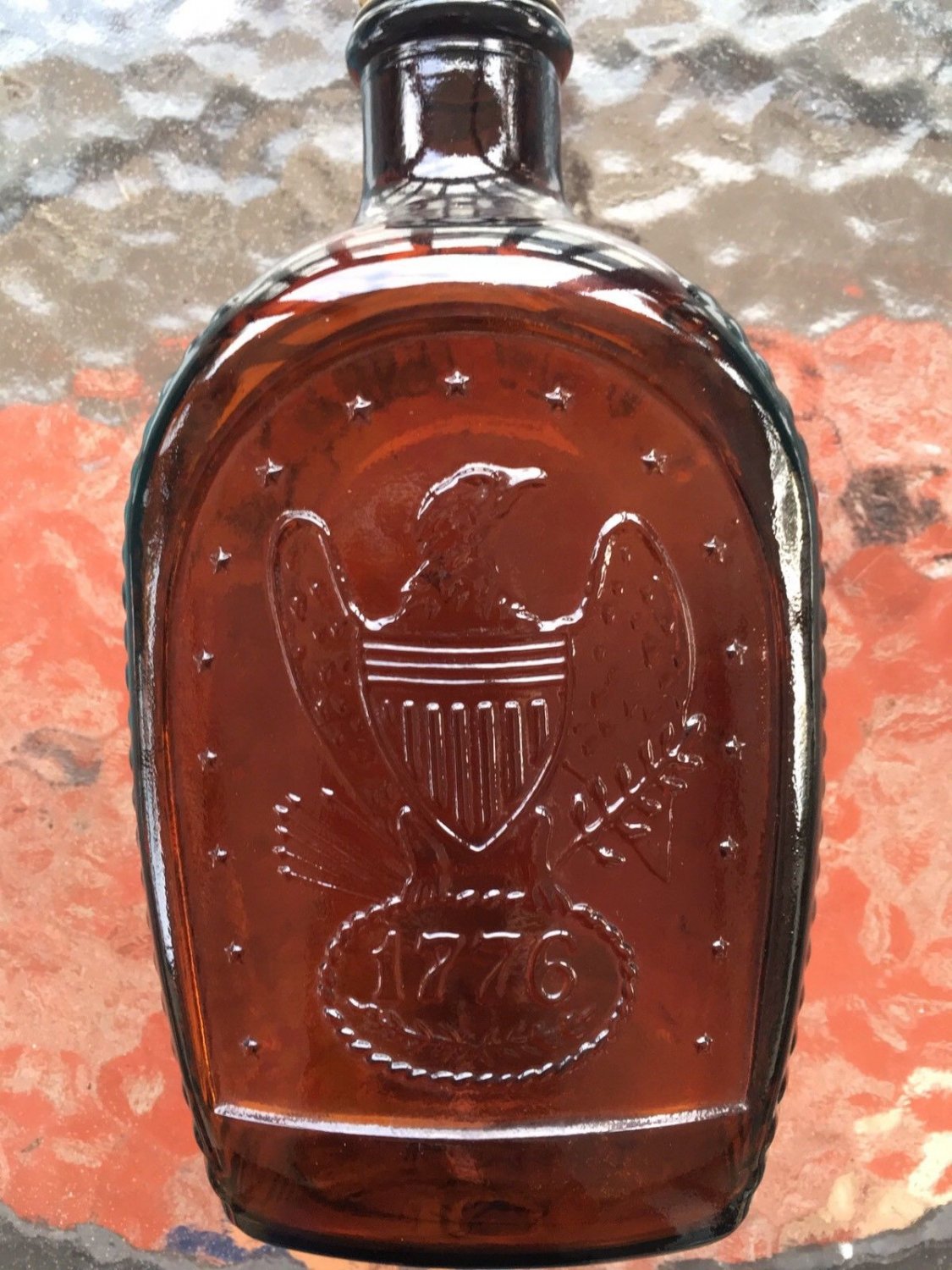 Vintage LOG CABIN Amber Colored Syrup Bottles Bi-Centennial Set Of 4