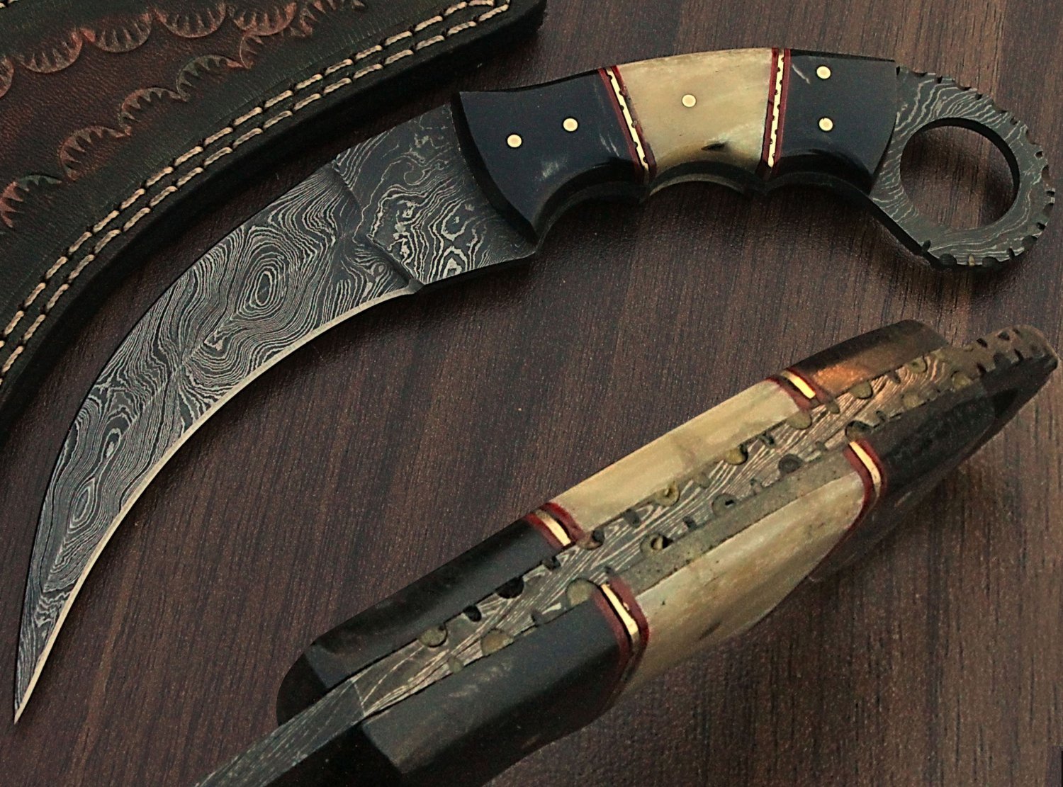 Handmade Damascus Karambit (original buffalo bone and camel bone handle)