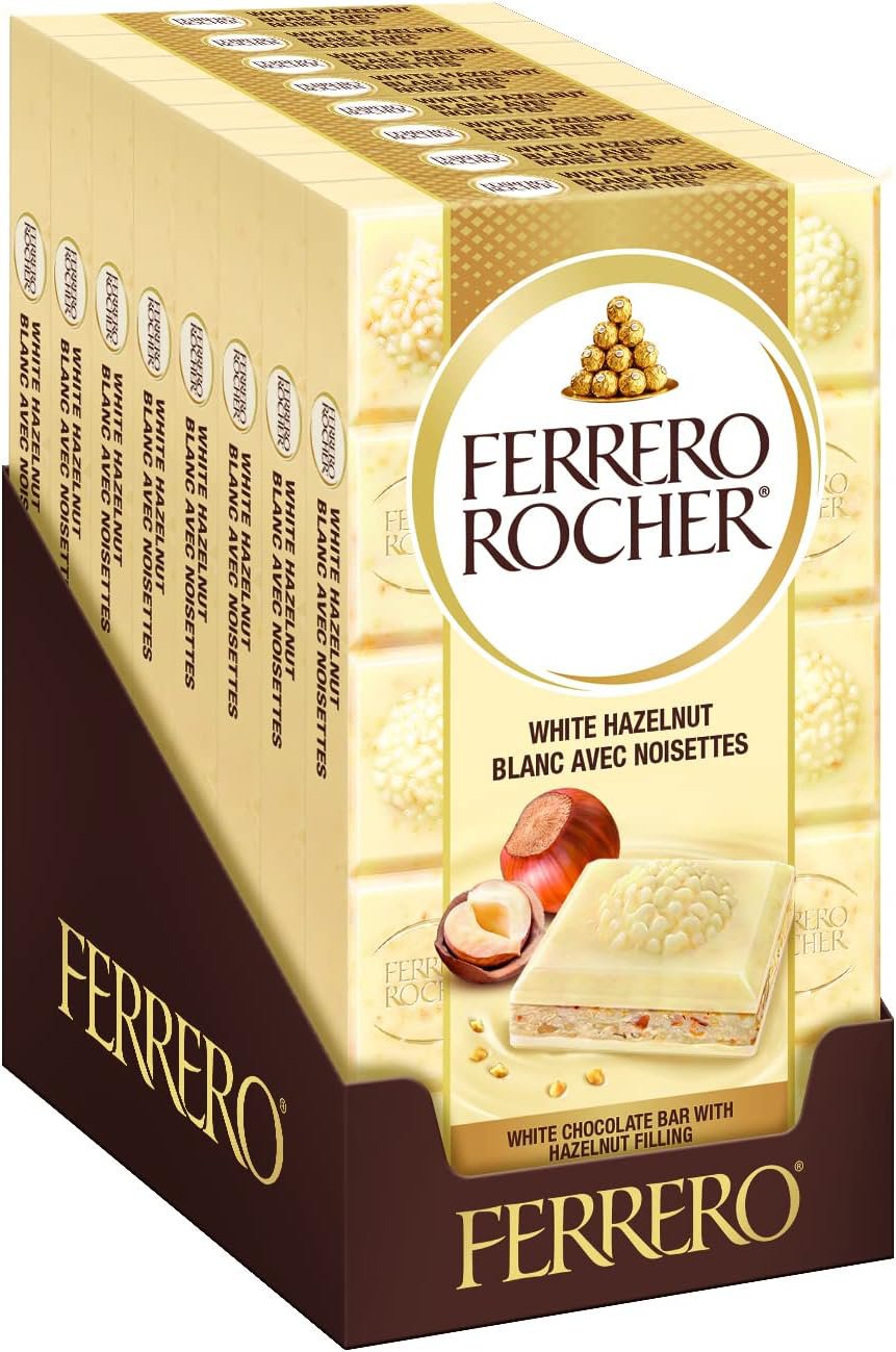 FERRERO ROCHER Premium Chocolate Bar, White Hazelnut Bar, 8 bars, 720 g