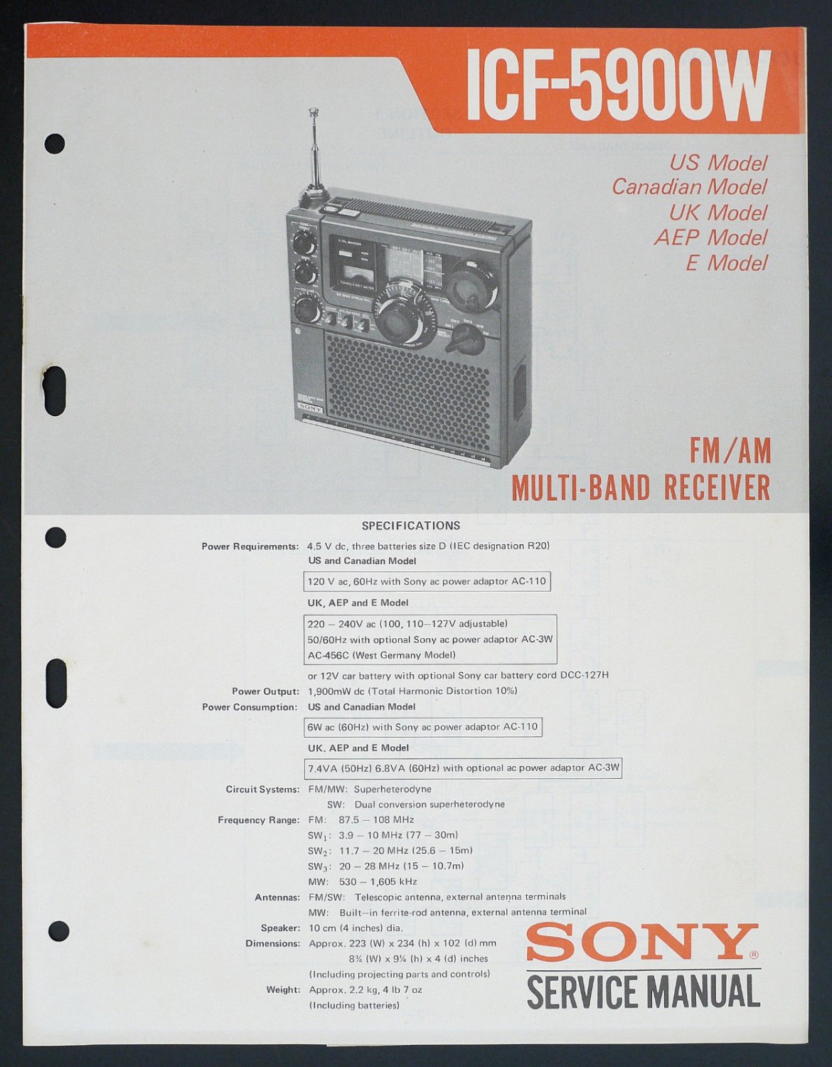 SONY ICF-5900W Multi-Band World Receiver Original Service Manual