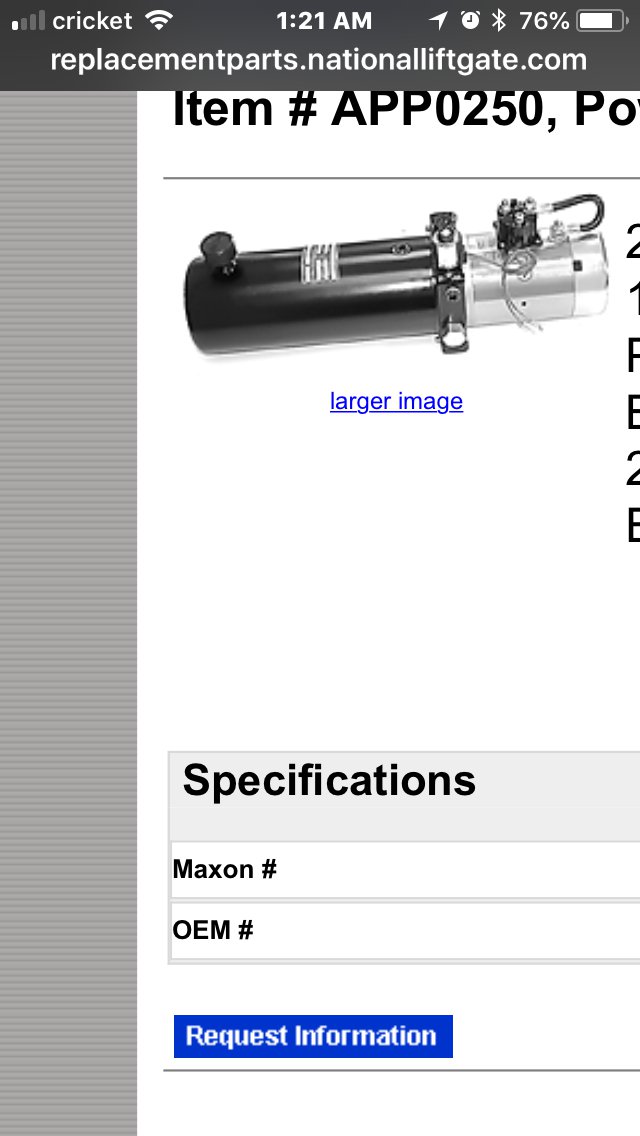 Gravity Down Liftgate Pump for Maxon 250100 Gallon 2500 psi