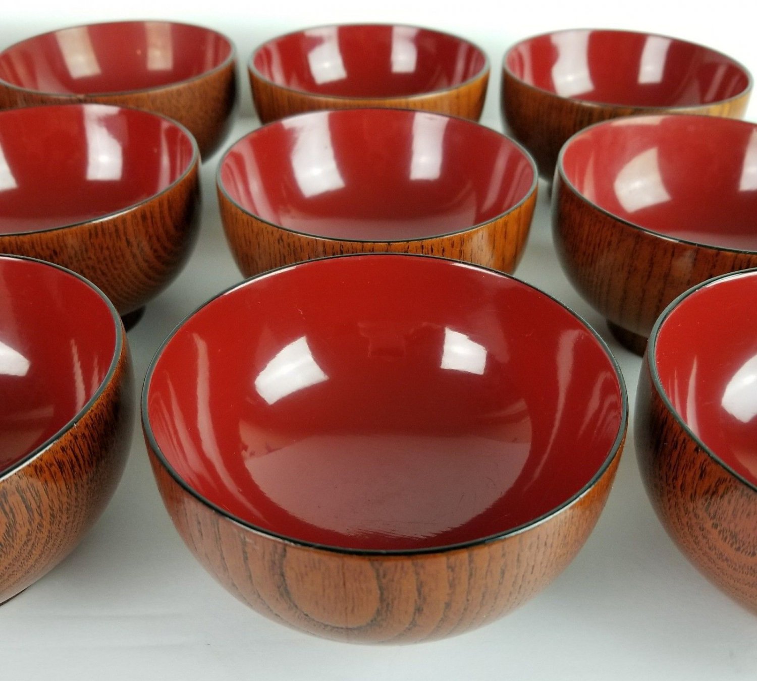 Vtg Japanese Wooden Rice Bowls Lacquered Wood Red Set Lot 12 Japan Mid ...