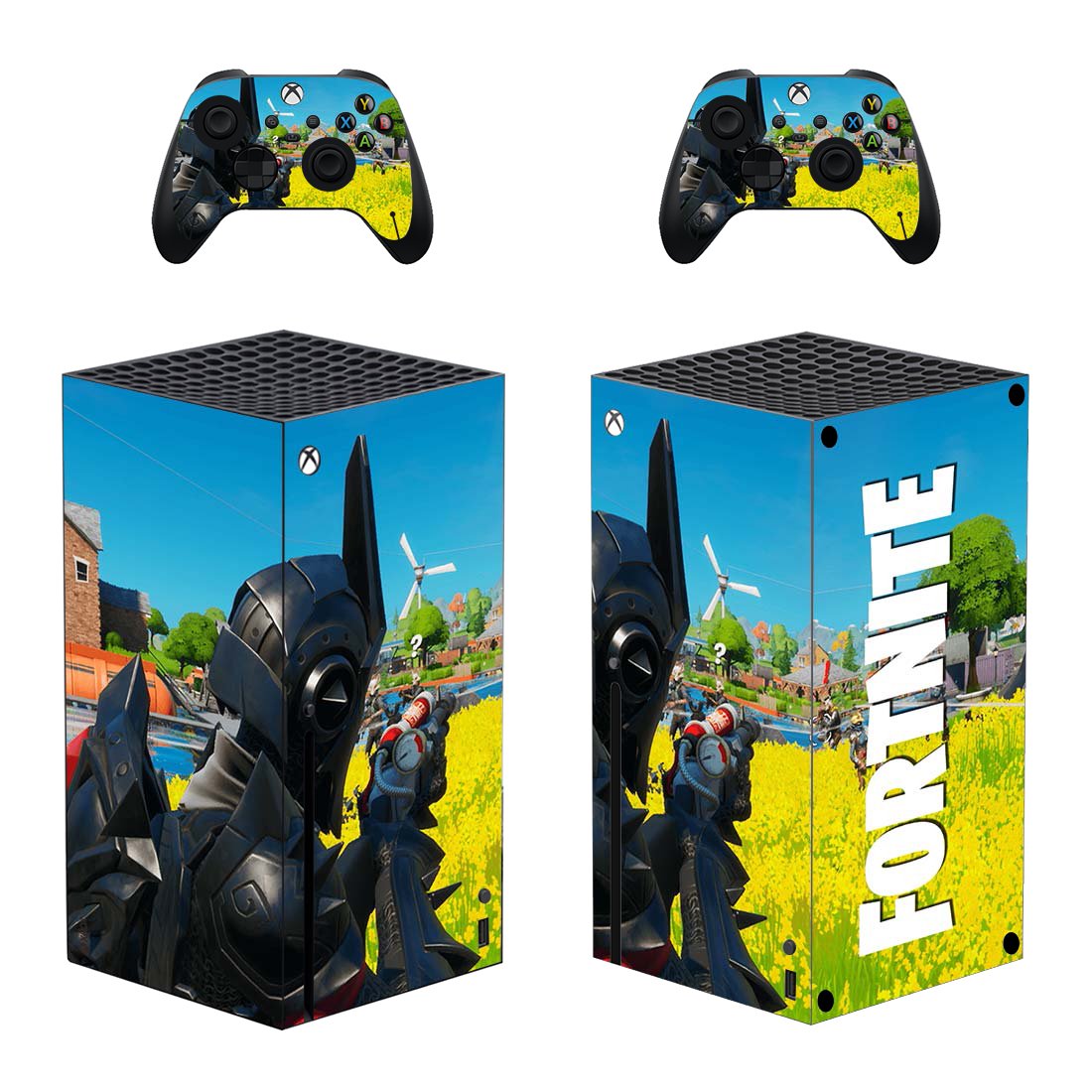 Fortnite decal skin sticker for Xbox Series X console with controllers