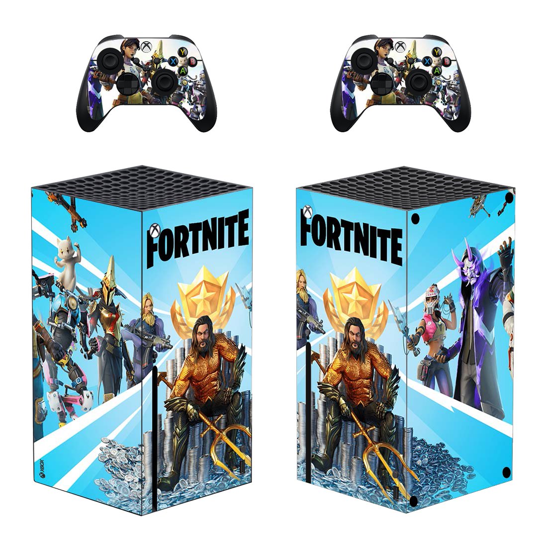 Fortnite decal skin sticker for Xbox Series X console with controllers
