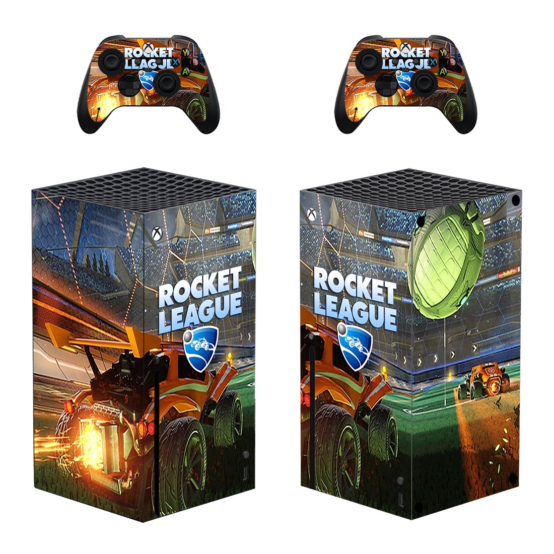 Rocket League decal skin sticker for Xbox Series X console with controllers