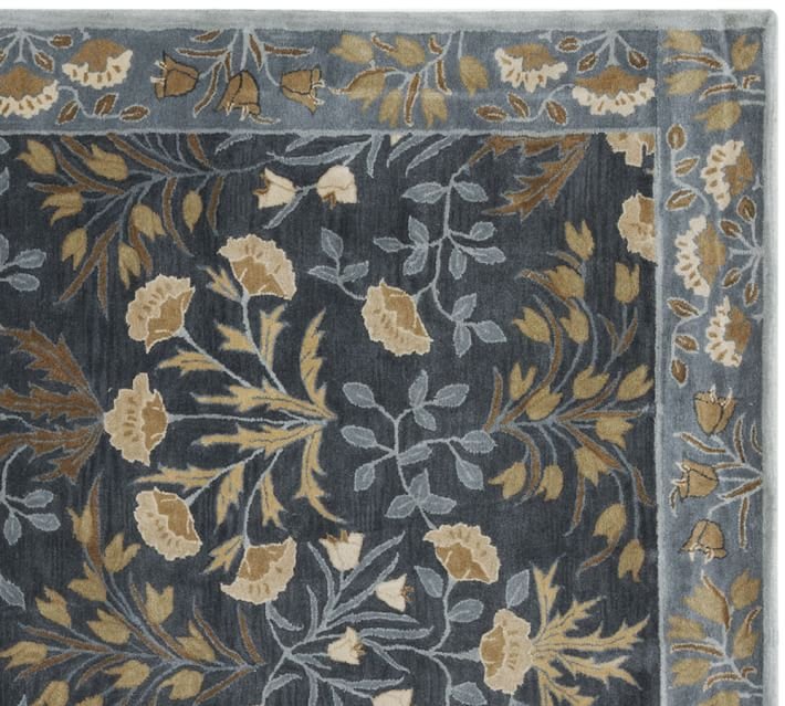POTTERY BARN Adeline Blue 8X10 Floral Style Handmade Wool Rug & Carpet