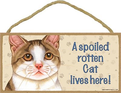 A Spoiled Rotten CAT Lives Here Wood SIGN/PLAQUE 5" X 10"--BROWN & WHITE