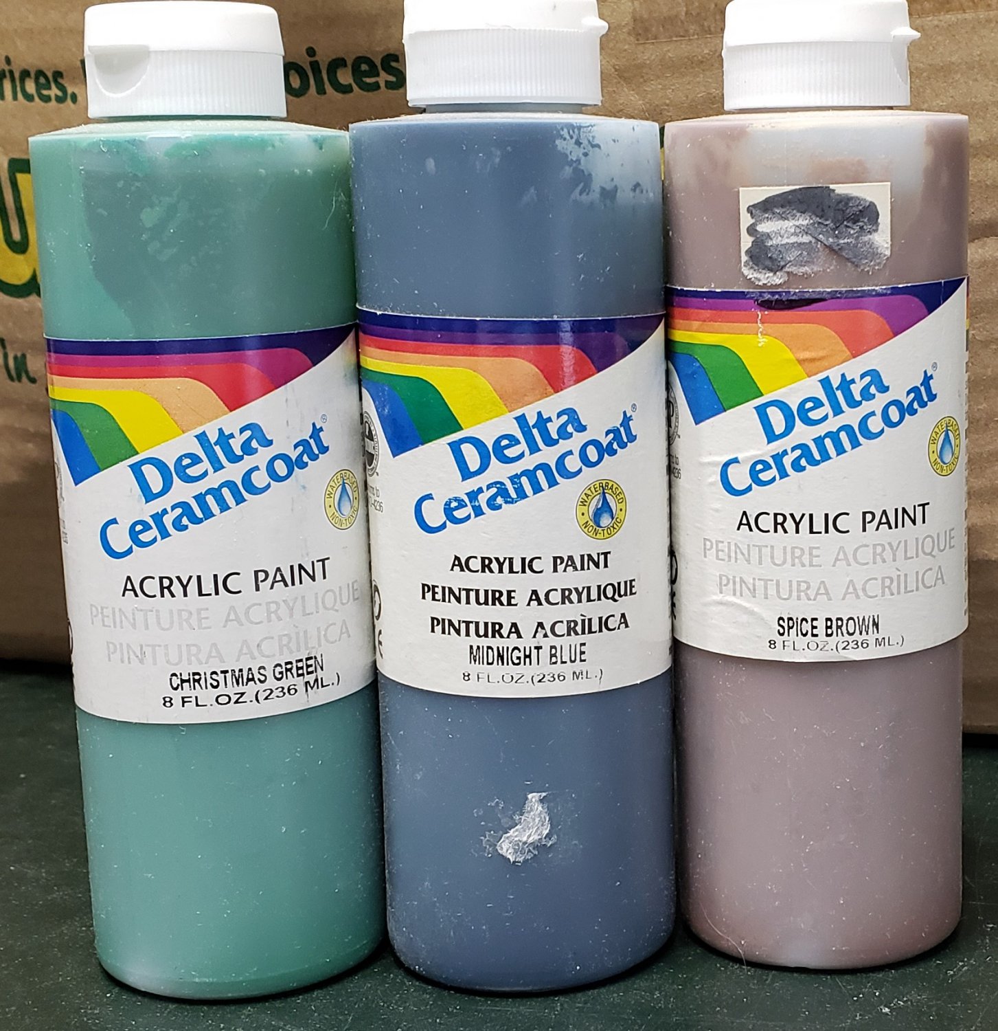 Lot of 3 Delta Ceramcoat Acrylic Paint--8 ounce Bottles-Green, Blue, Brown