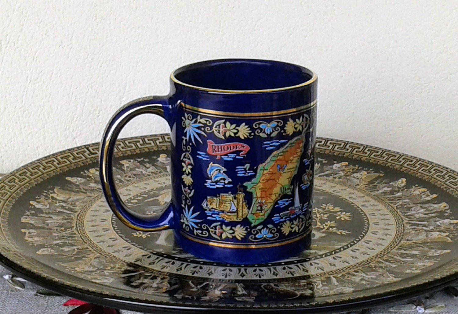 Ancient Greek Colossus of Rhodes, Cobalt Ceramic Mug 24 Kt Gold ...