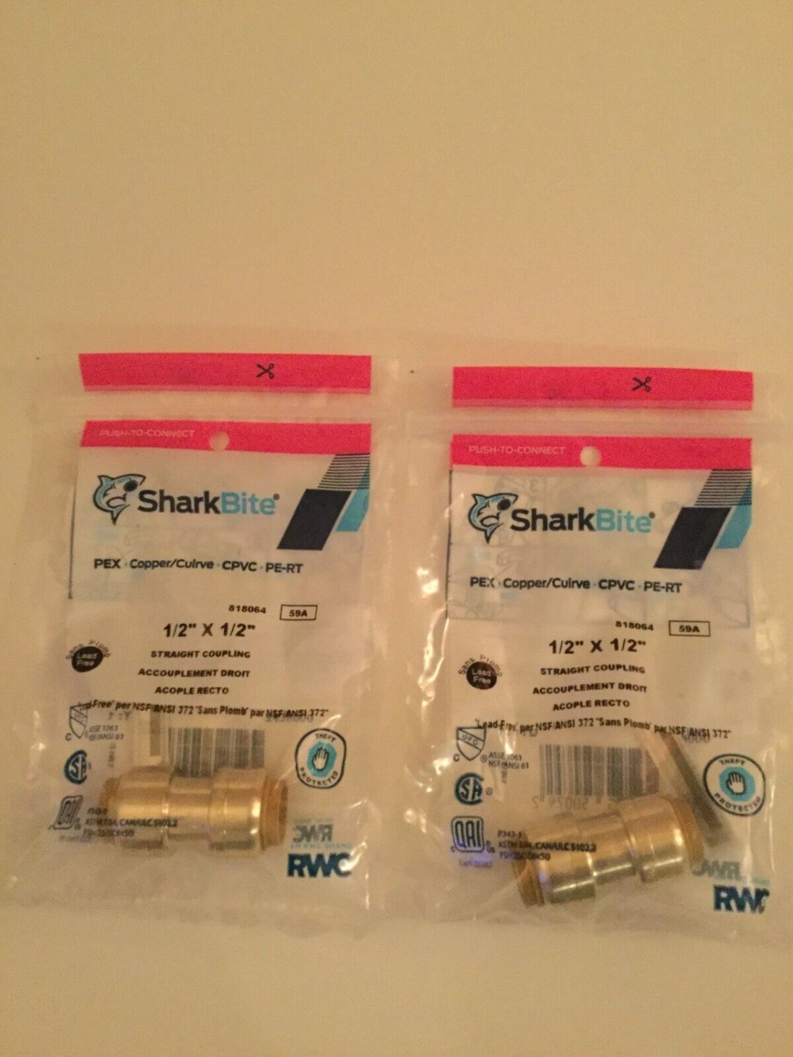 1/2 inch x 1/2 inch Shark Bite straight coupling push to connect 2 ...