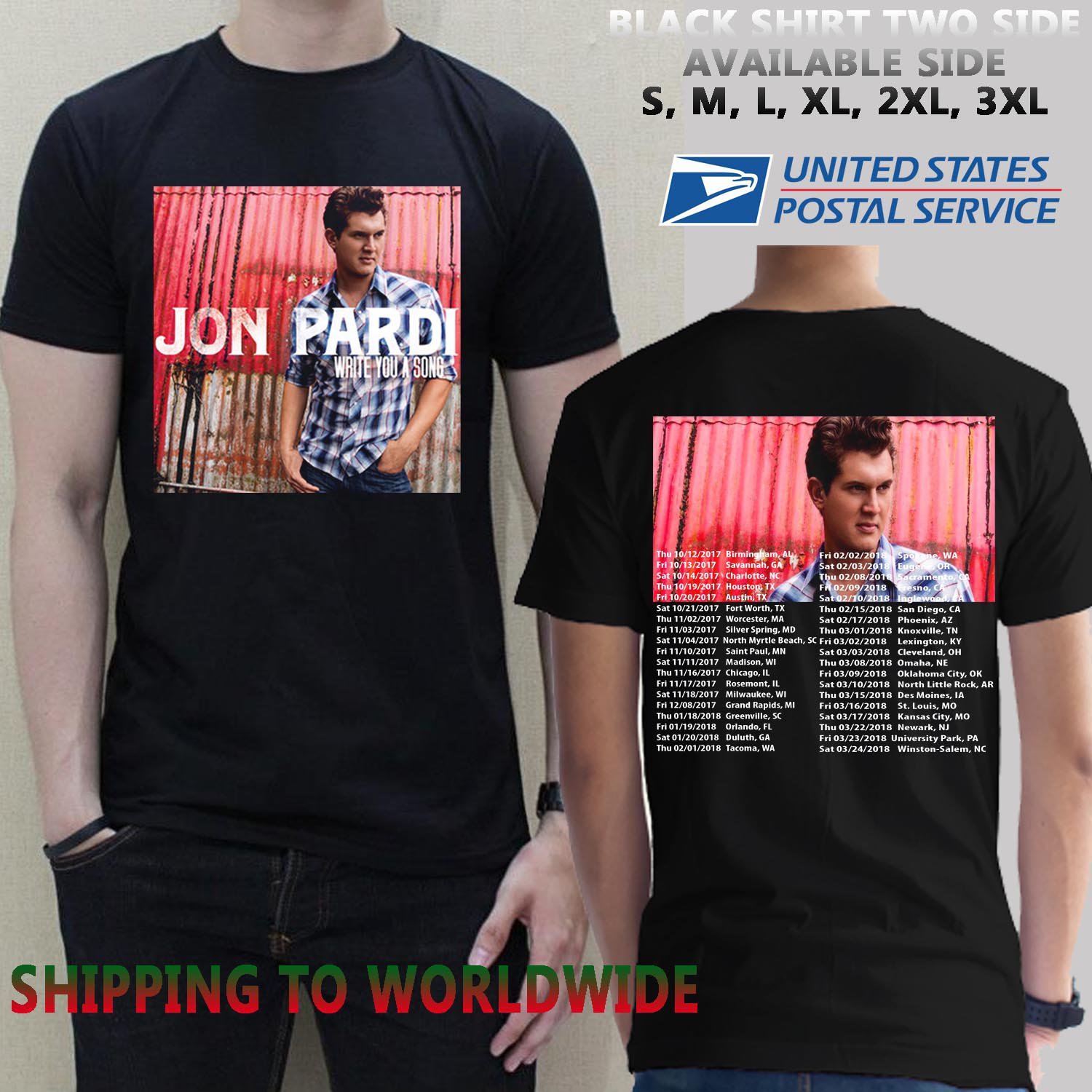 JON PARDI II TOUR 2018 MEN/WOMEN BLACK SHIRT S-XL SIZES TITI