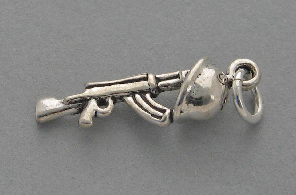 GUN & HELMET Charm Soldier Army Military 3D Sterling Silver Charm 4516