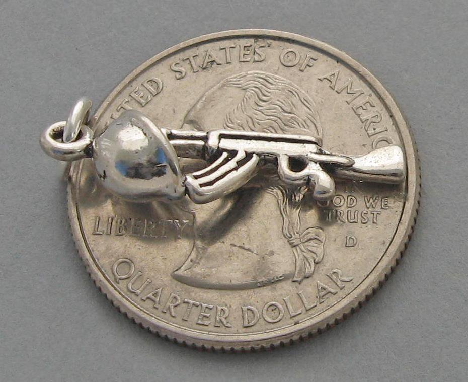 GUN & HELMET Charm Soldier Army Military 3D Sterling Silver Charm 4516