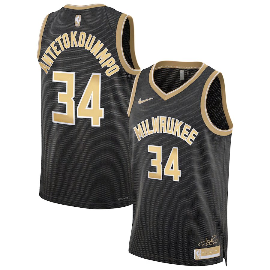 Mens Milwaukee Bucks #34 Giannis Antetokounmpo 2024 Black Gold ...