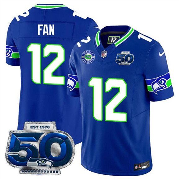 Men's Seattle Seahawks #12 Fan Royal 2025 F.U.S.E 50th Season Patch ...