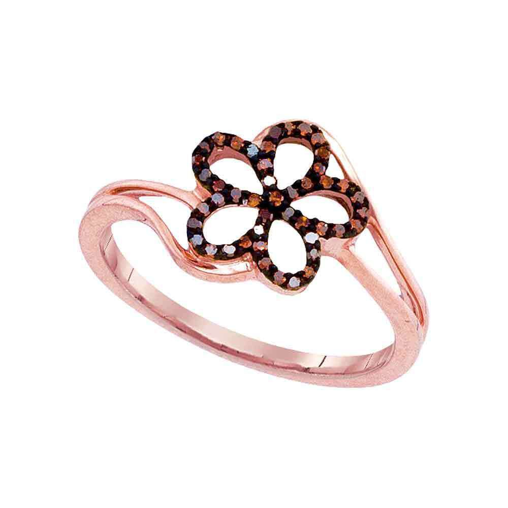 10k Rose Gold Womens Round Red Color Enhanced Diamond Flower Floral Ring 1/8