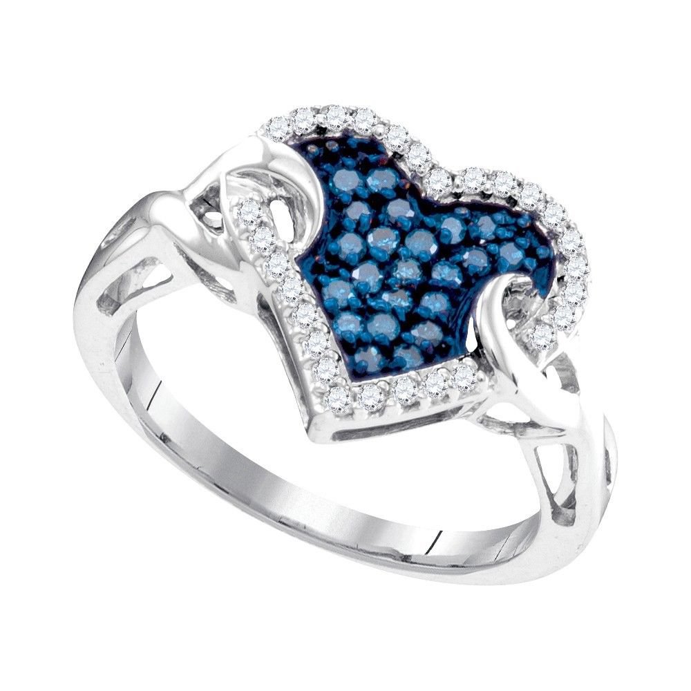 10k White Gold Women's Cute Round Blue Enhanced Diamond Heart Cluster ...