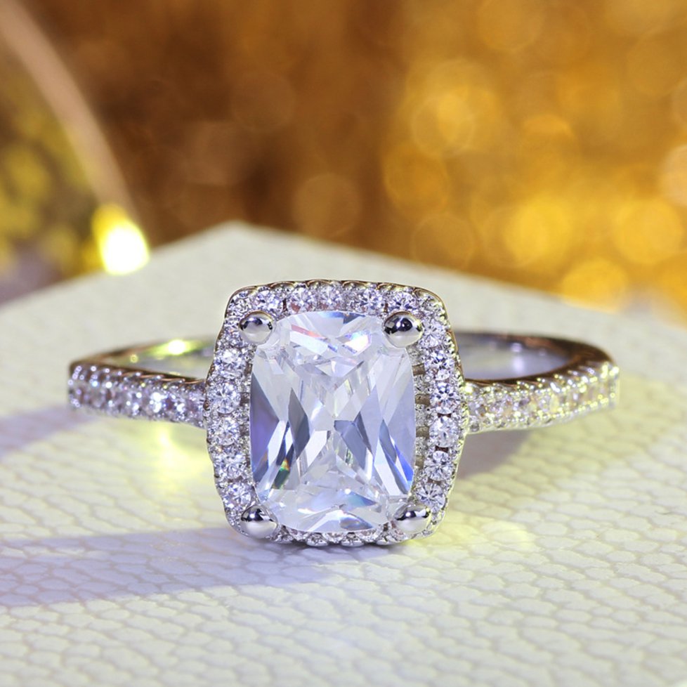 2 CT Carat Engagement Promise RING EMERALD HALO CUT Sterling Silver ...