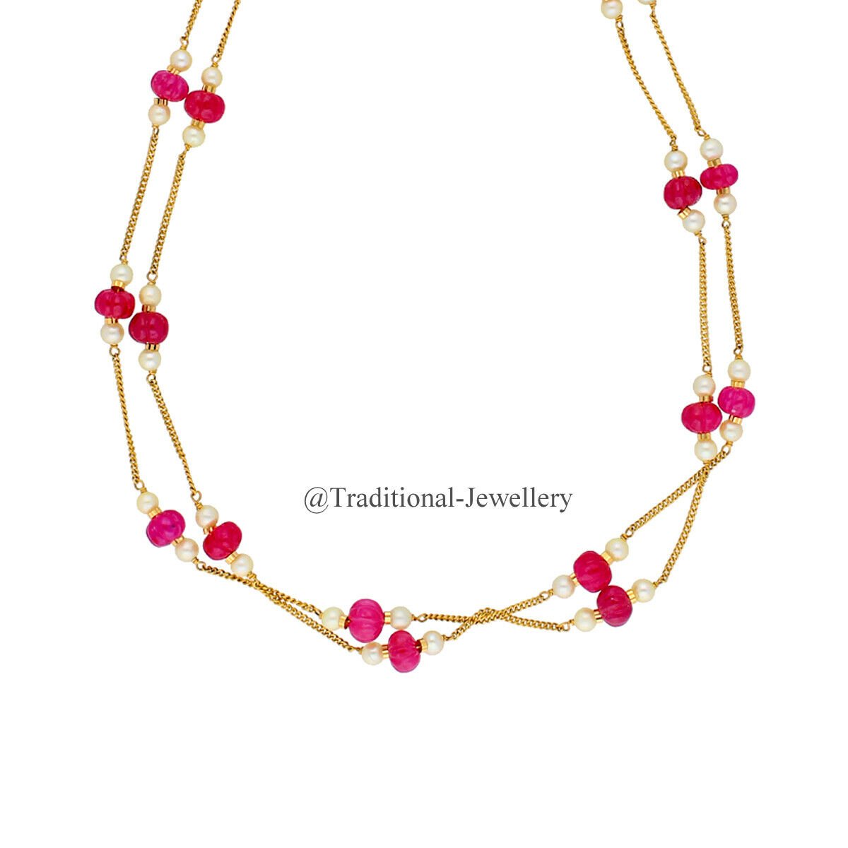 22KT GOLD PEARLS RUBY STONE CHAIN WOMEN NECKLACE CHAIN CUSTOM SIZE ...