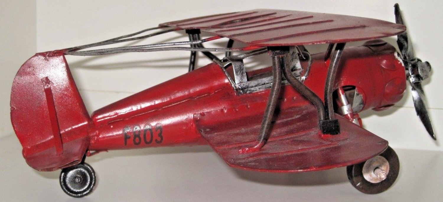 Wonderful Vintage Red Bi-Plane All Metal with Working Propeller and Wheels