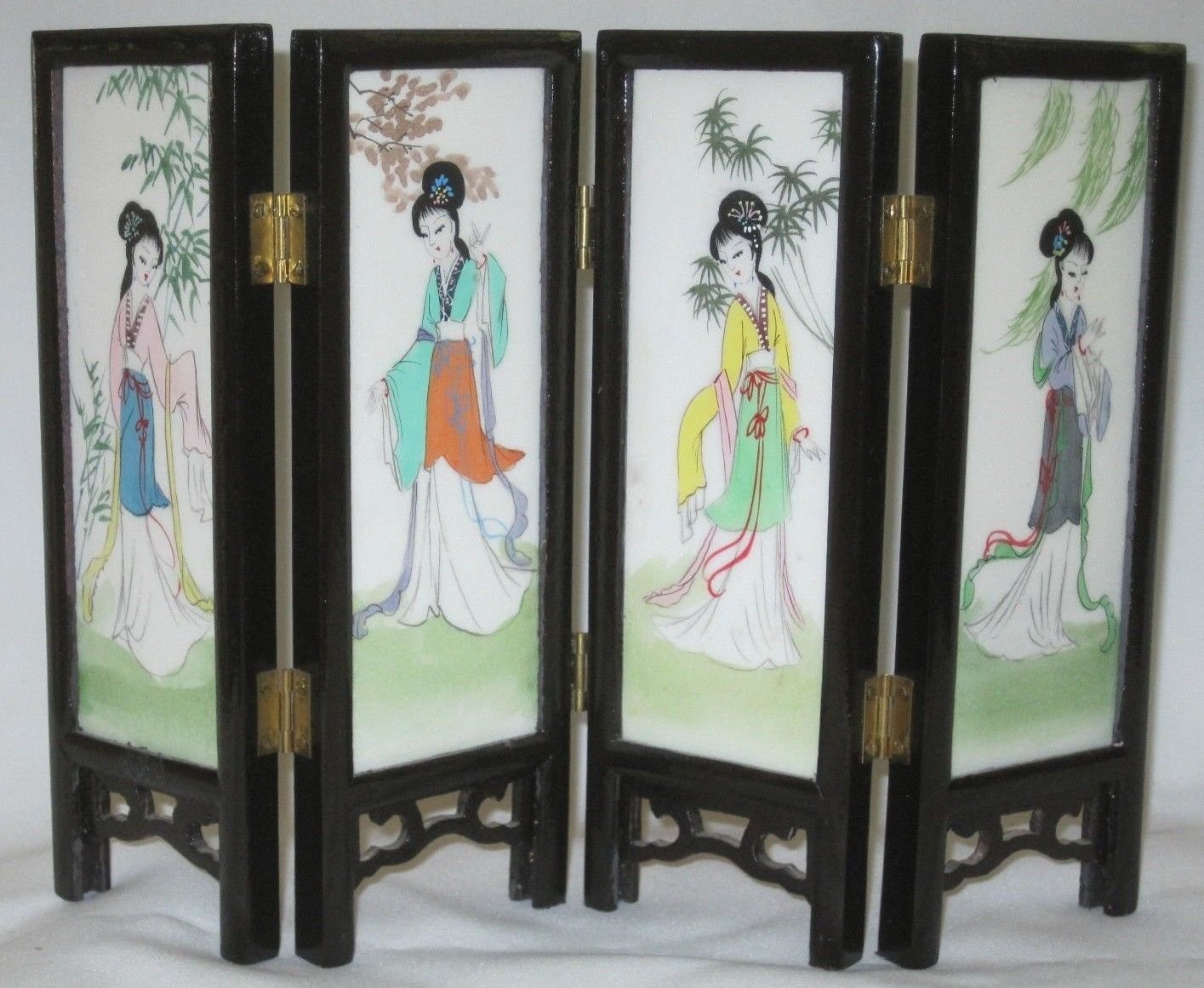 Vintage Oriental Ceramic Tabletop 4 Panel Screen Divider Geisha and 4 ...