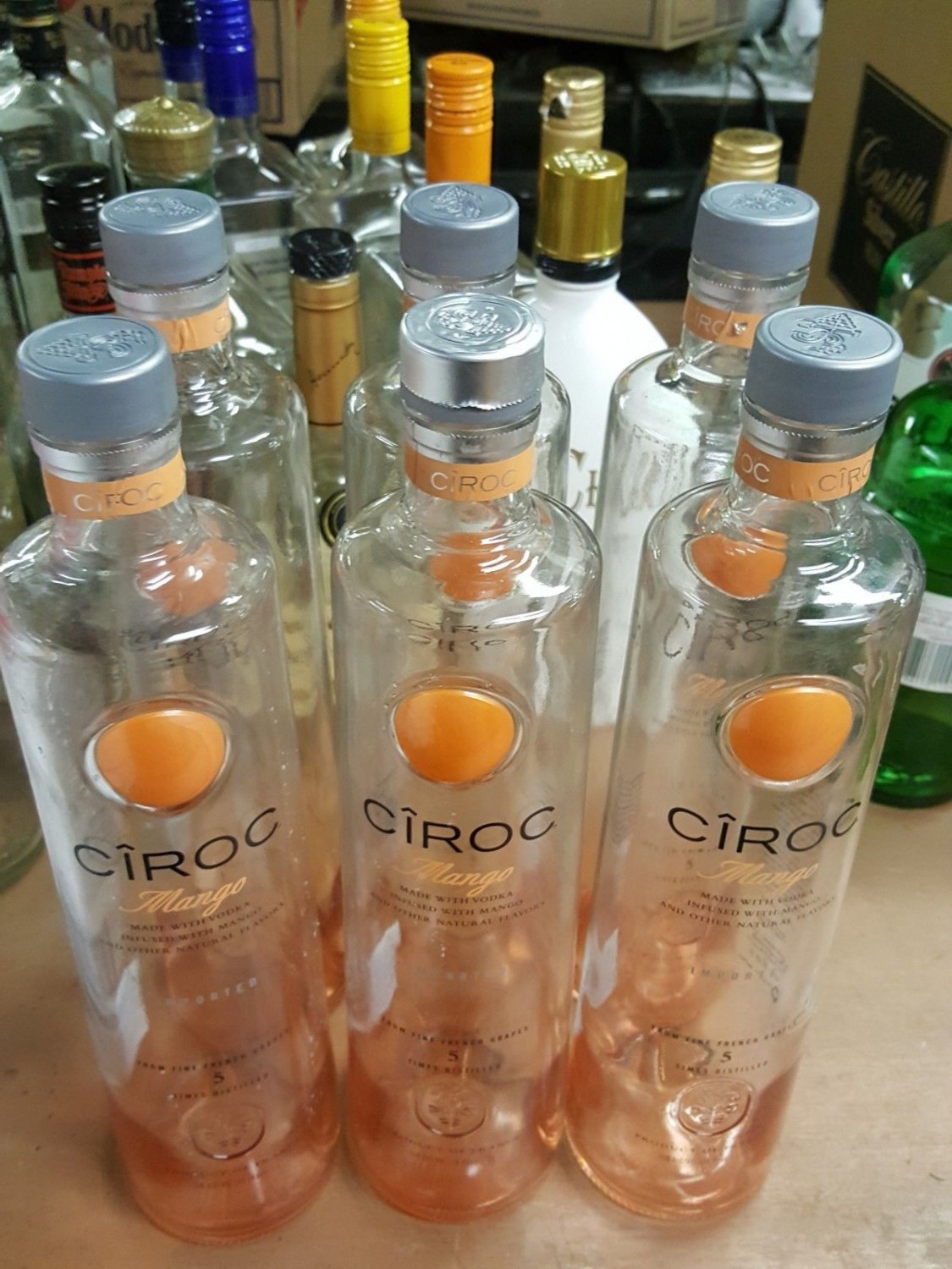 Lot of 6 Empty 1 Liter Ciroc mango Vodka Bottles, With Caps