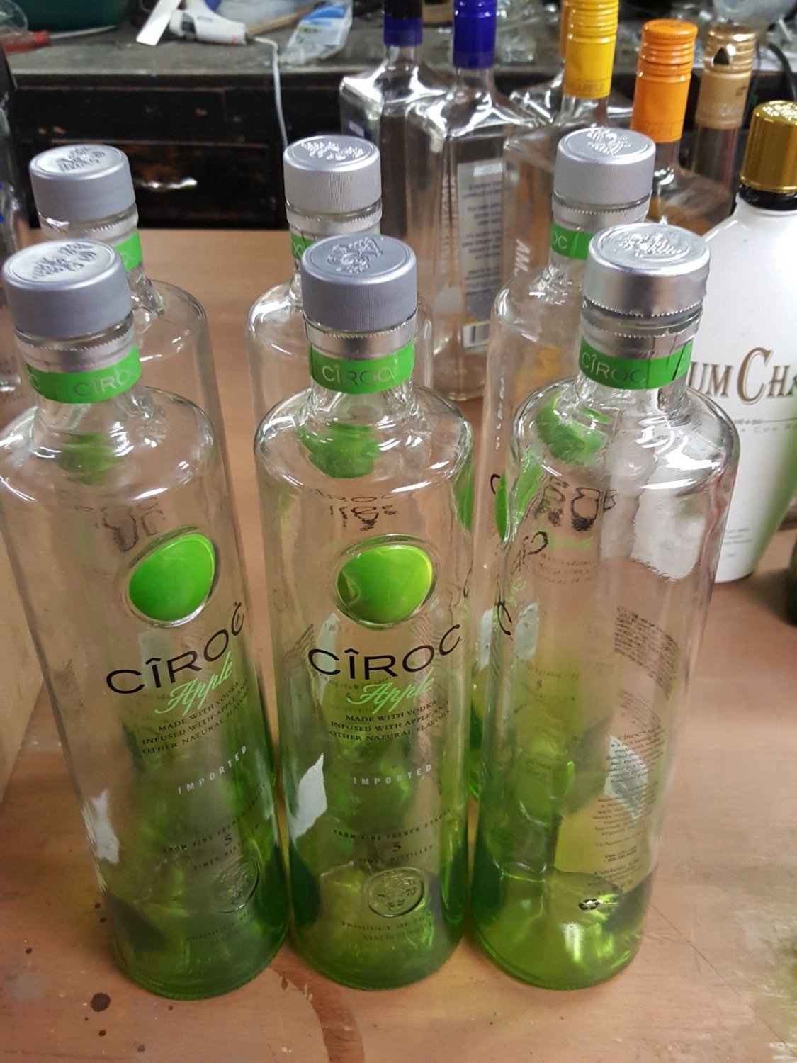 Lot of 6 Empty 1 Liter Ciroc Apple Vodka Bottles, With Caps