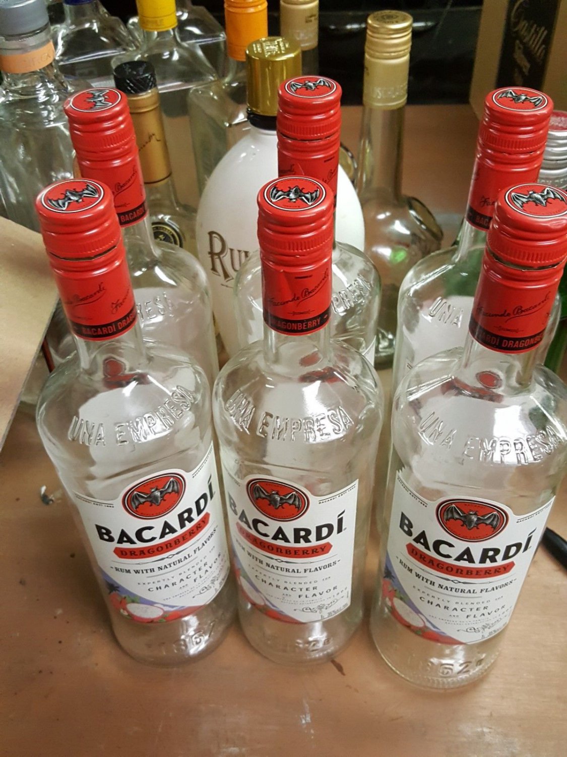 Lot of 6 Empty Glass Bacardi dragon berry Rum Bottles with Caps dragonberry