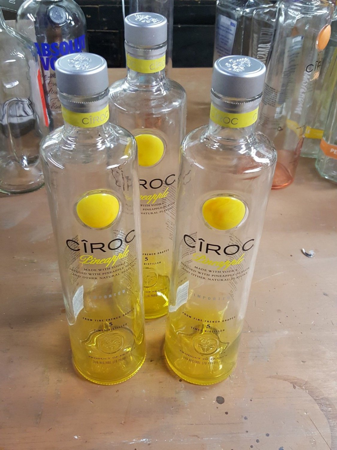 Lot of 3 Empty 1 Liter Ciroc pineapple Vodka Bottles, With Caps