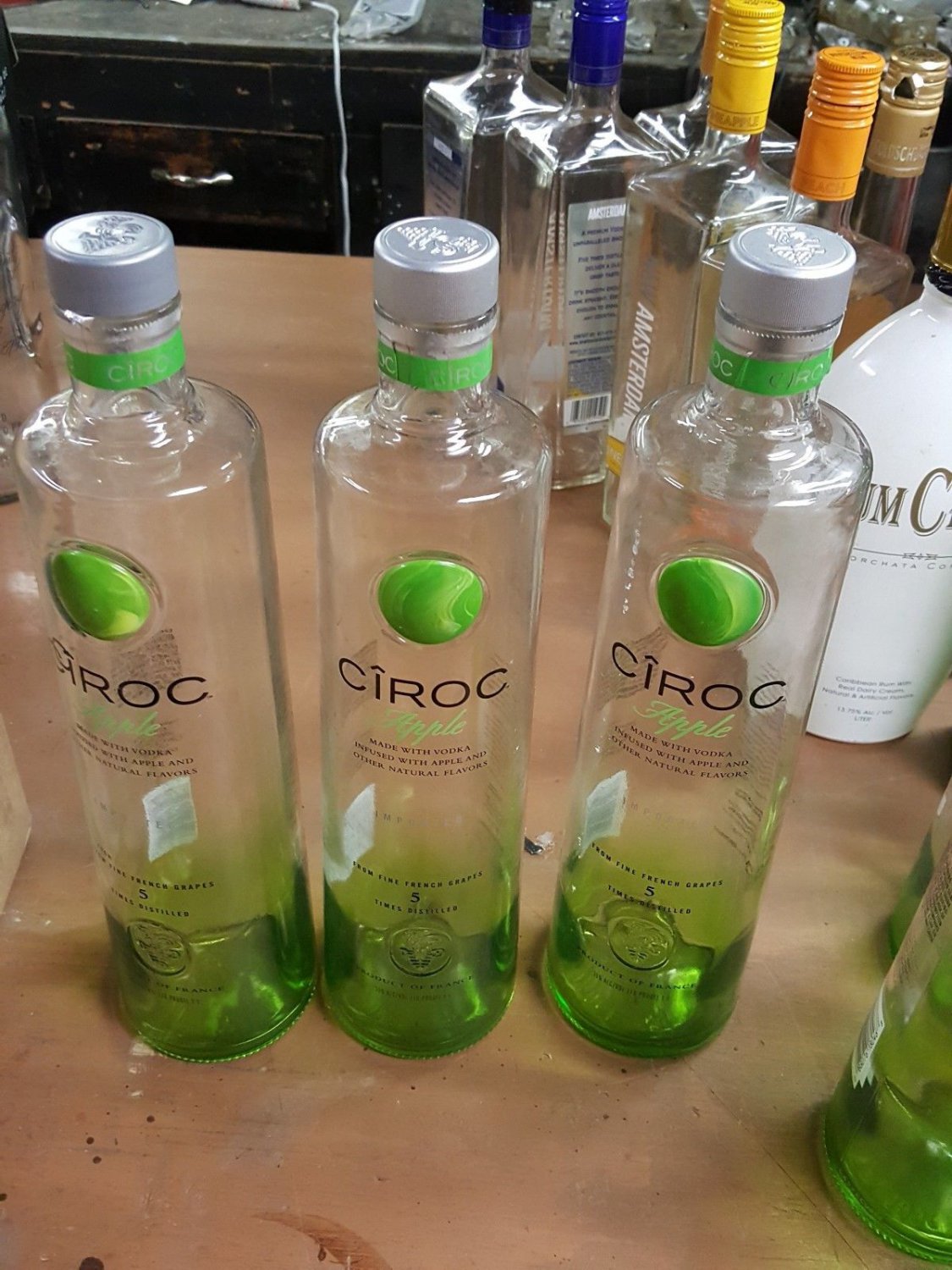 Lot of 3 Empty 1 Liter Ciroc Apple Vodka Bottles, With Caps