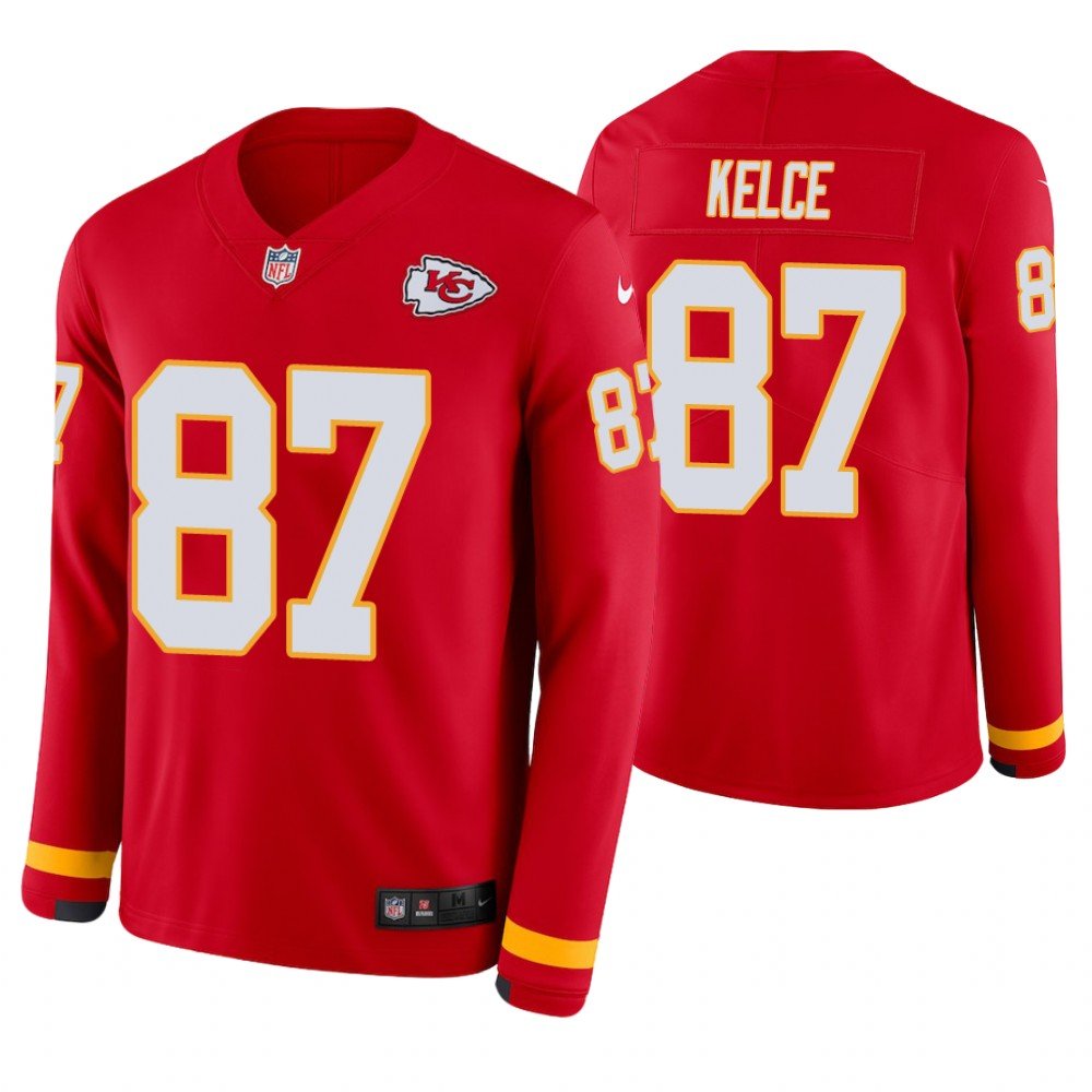 Kansas City Chiefs #87 Travis Kelce Red Therma Long Sleeve Stitched Jersey