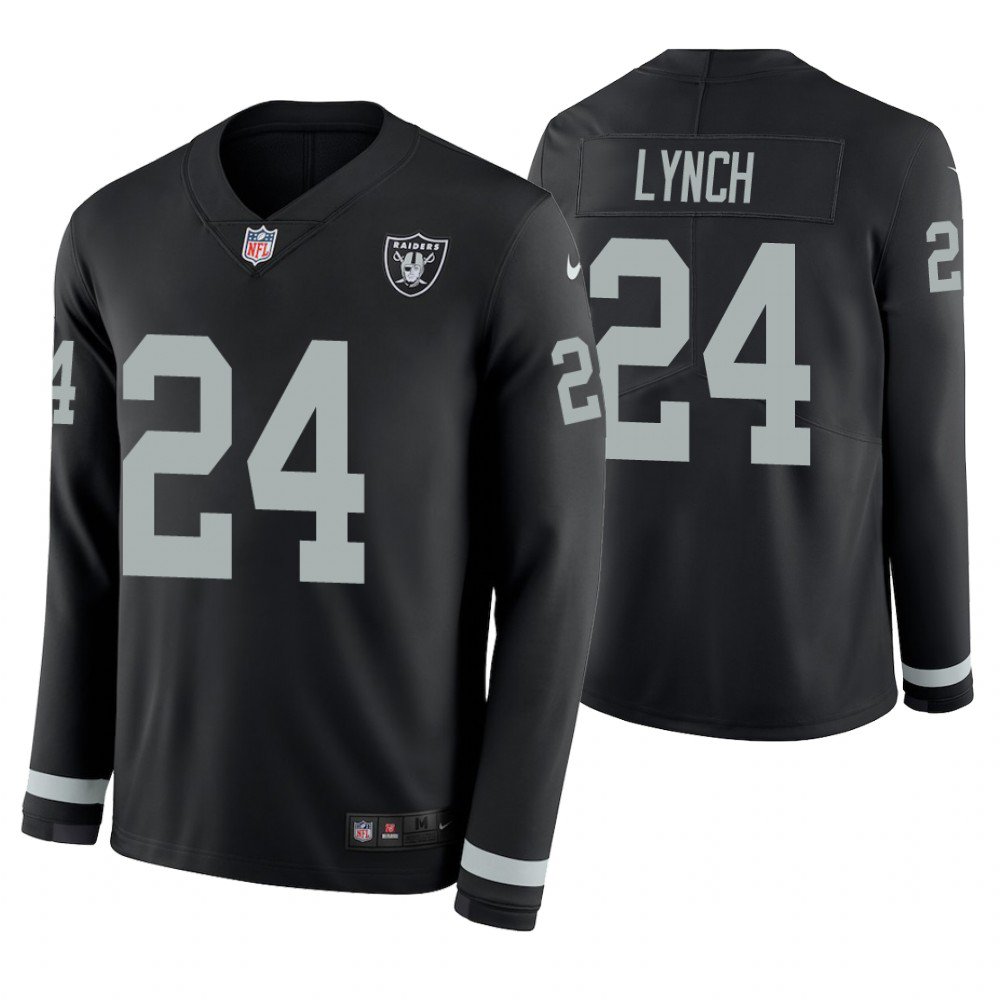 Oakland Raiders #24 Marshawn Lynch Black Therma Long Sleeve Stitched Jersey