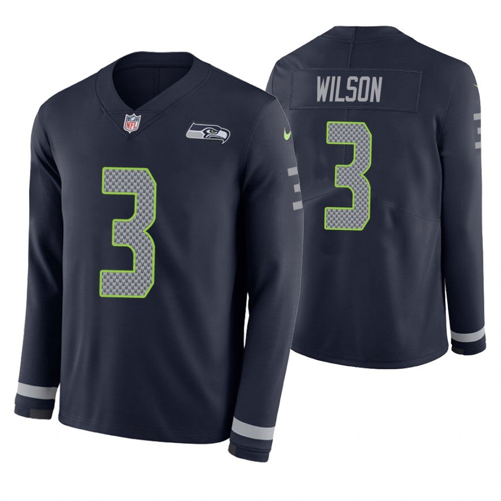 Seattle Seahawks #3 Russell Wilson Navy Therma Long Sleeve Stitched Jersey