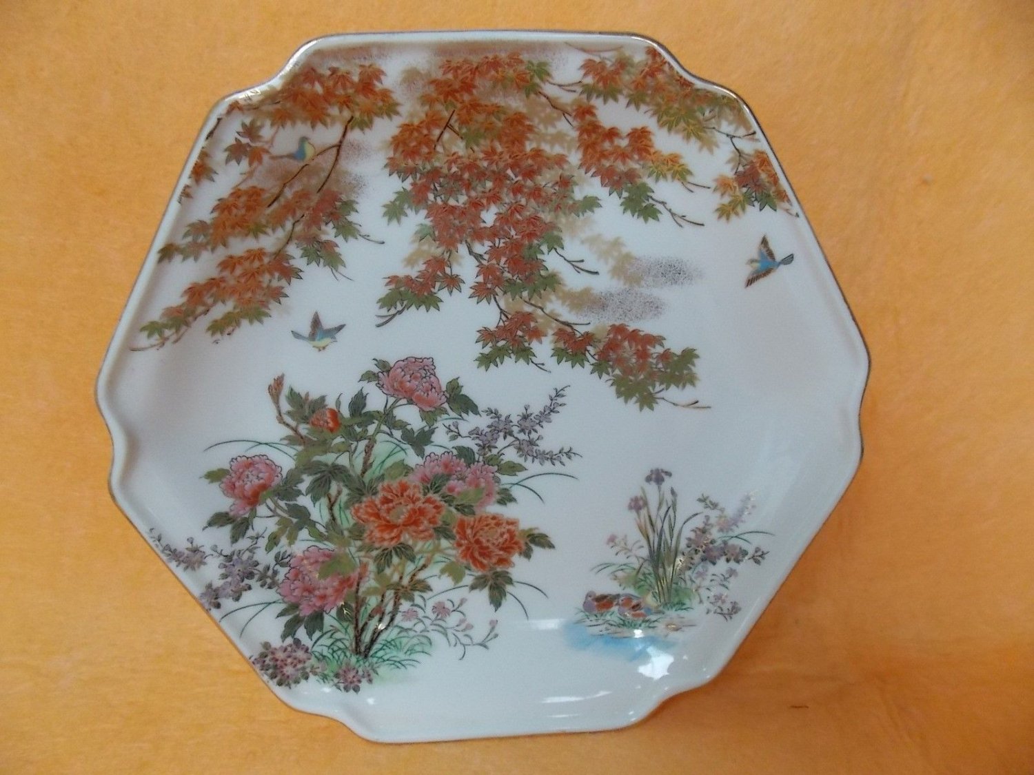 SATSUMA WARE-JAPAN-SIGNED PORCELAIN PLATE-HAND PAINTED-BIRDS-ANTIQUE