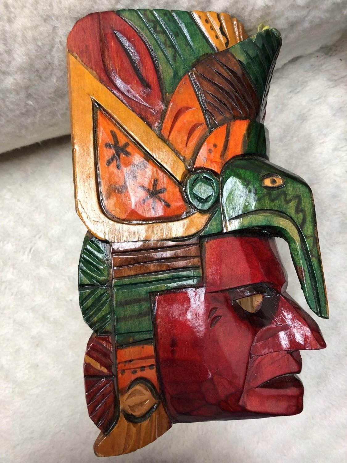 NATIVE AMERICAN ART-INDIAN CHIEF WOOD CARVED MASK-EAGLE HEADDRESS ...