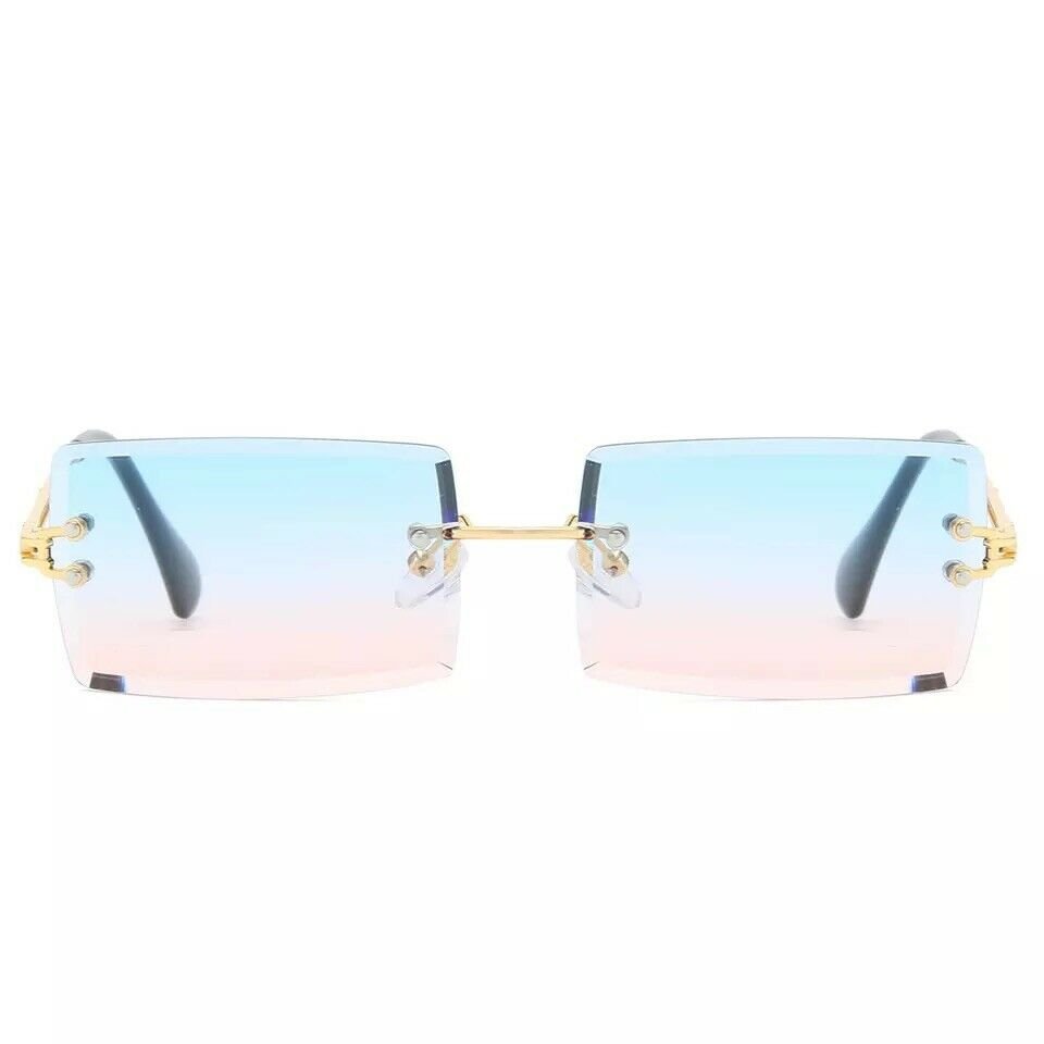 Rimless Rectangle Gold Frame Blue Pink Gradient Tint Mens Summer Sunglasses