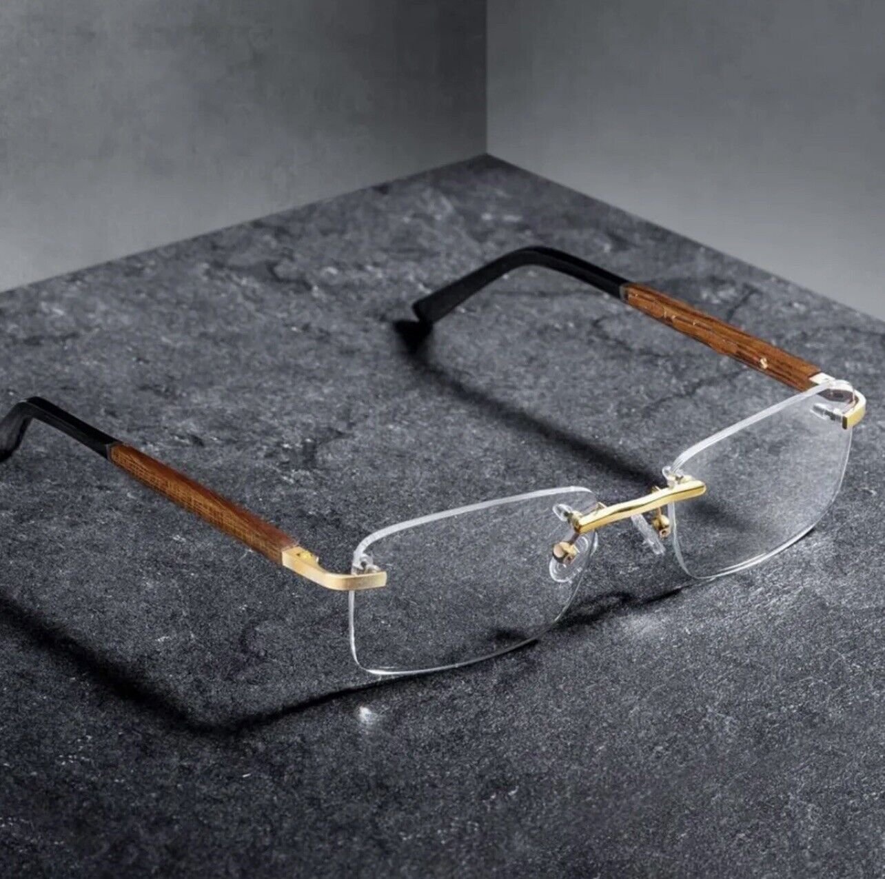 Vintage Men's Rimless Gold Frame Retro Hip Hop Luxury Wood Clear Lens ...