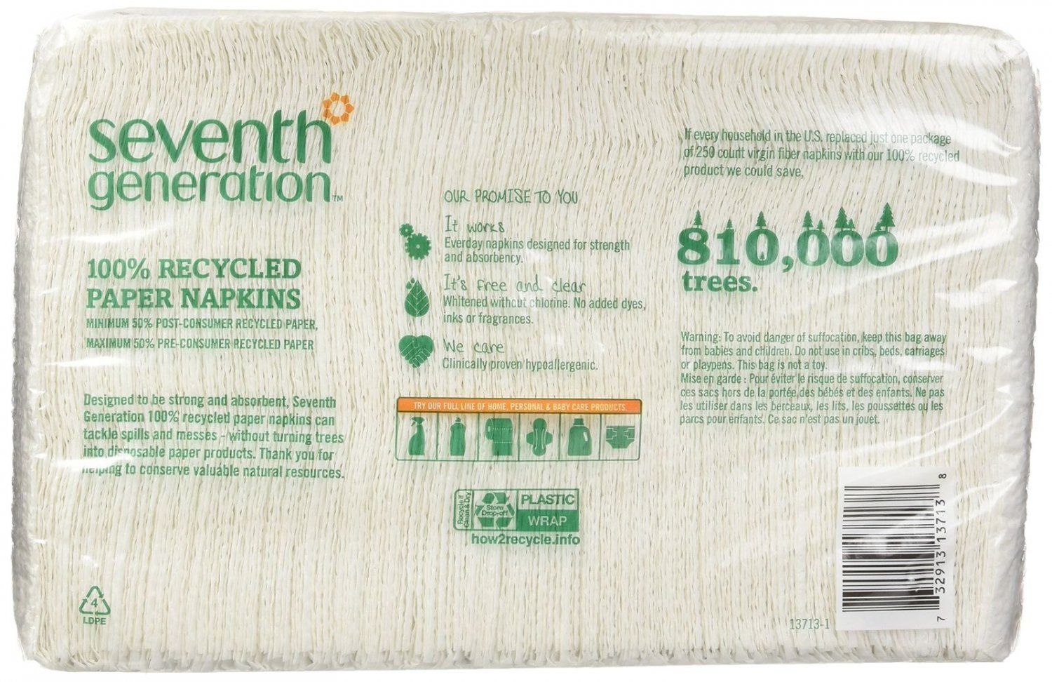 Seventh Generation 100% Recycled White Paper Napkins, 250 ct