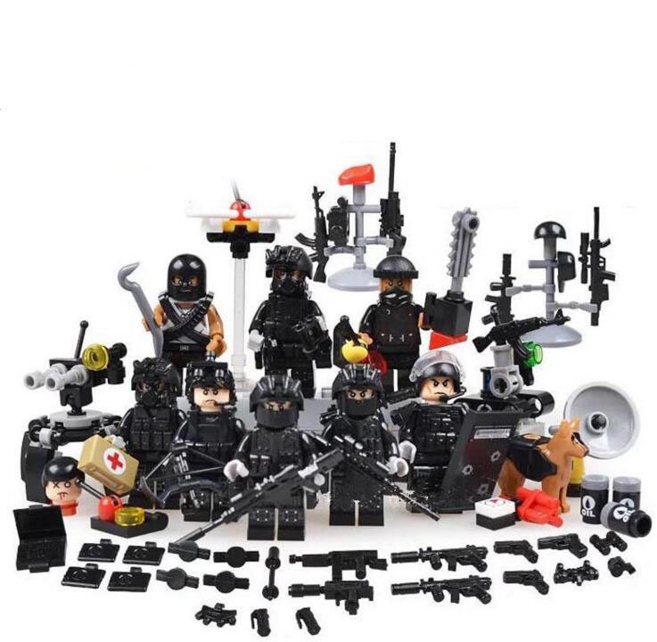 City Police Dog Unit Terrorist Minifigures Lego Compatible Black SWAT Set