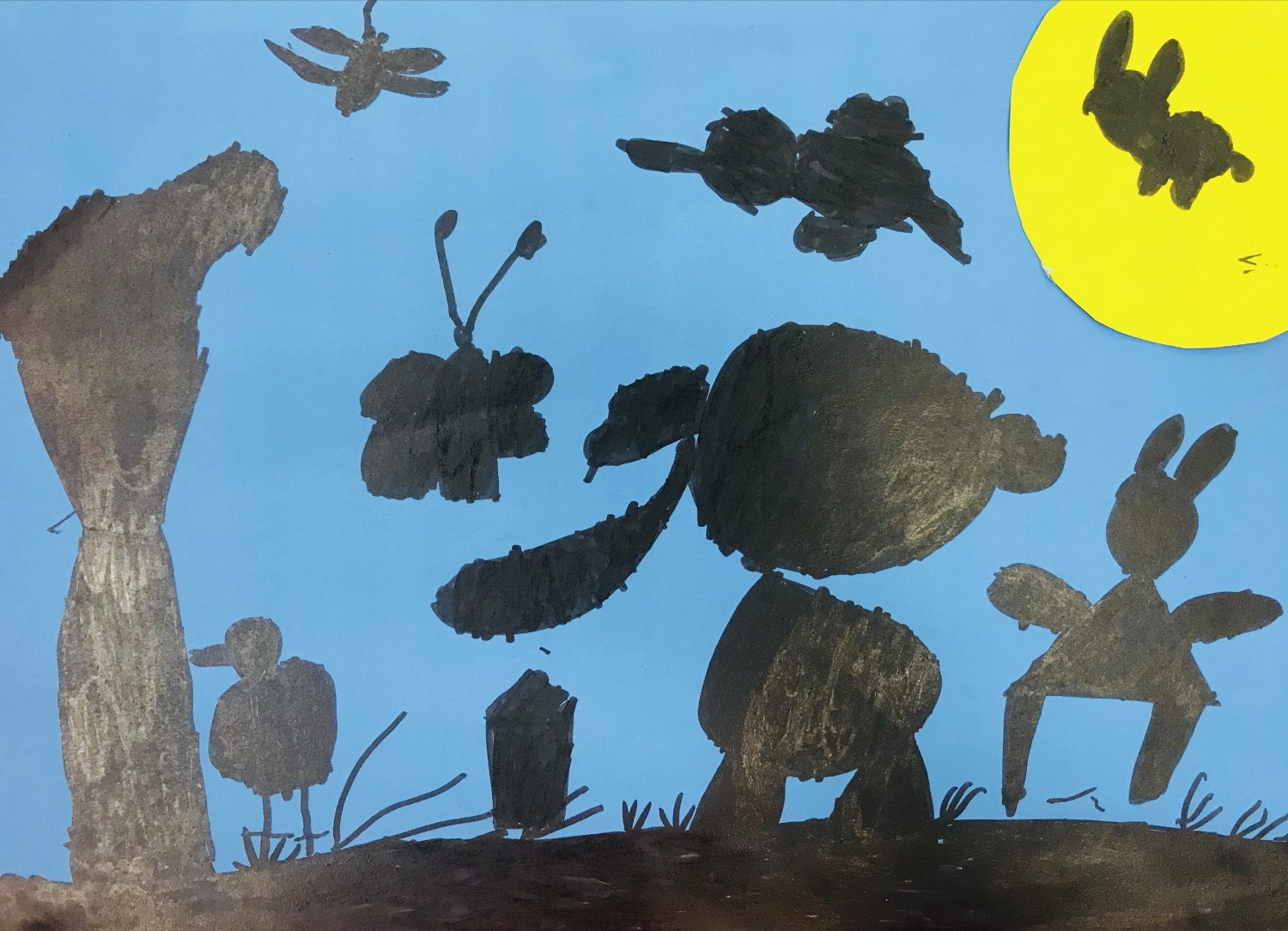 The animals in the forest at night drawing by hands