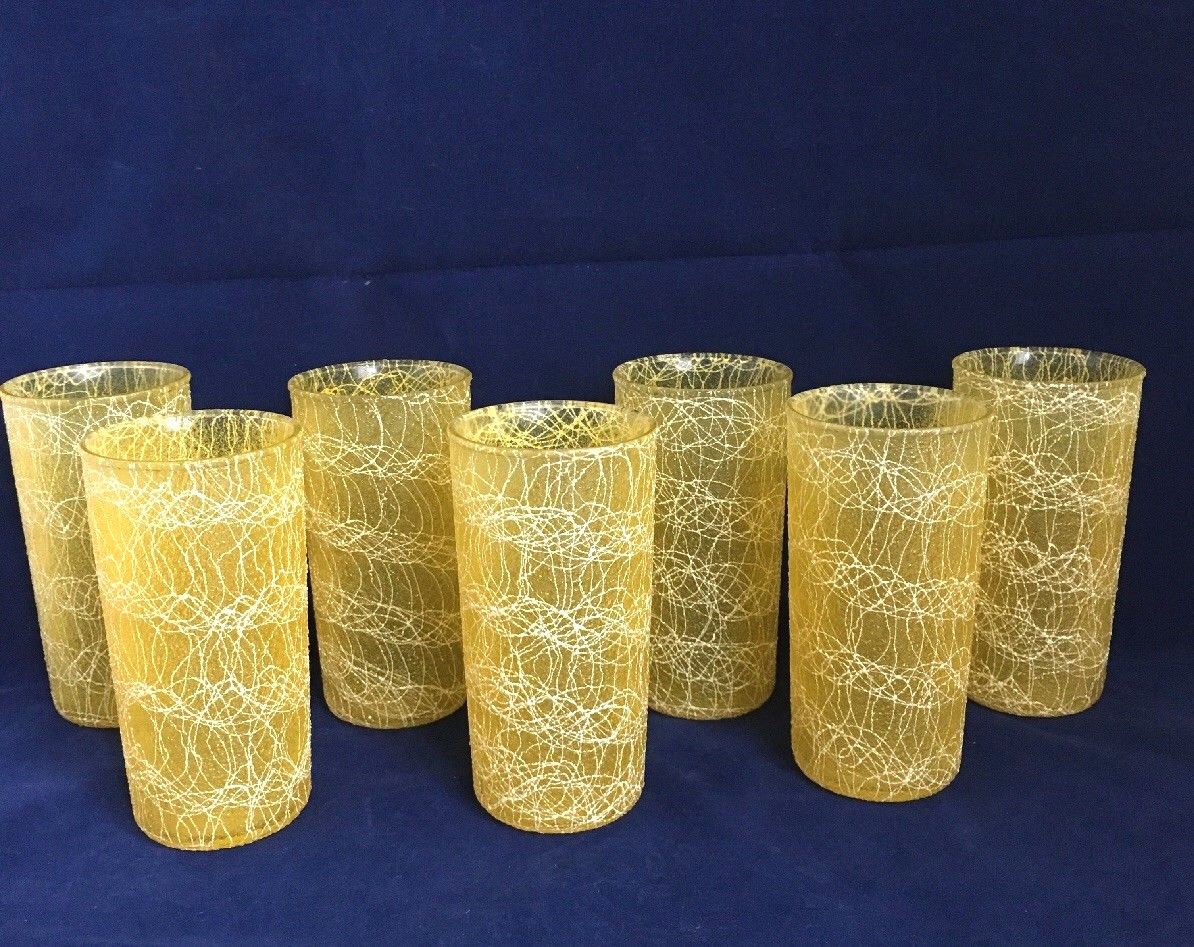 Set Of 7 YELLOW SPAGHETTI STRING SPLATTER 12 oz DRINKING GLASS TUMBLER ...