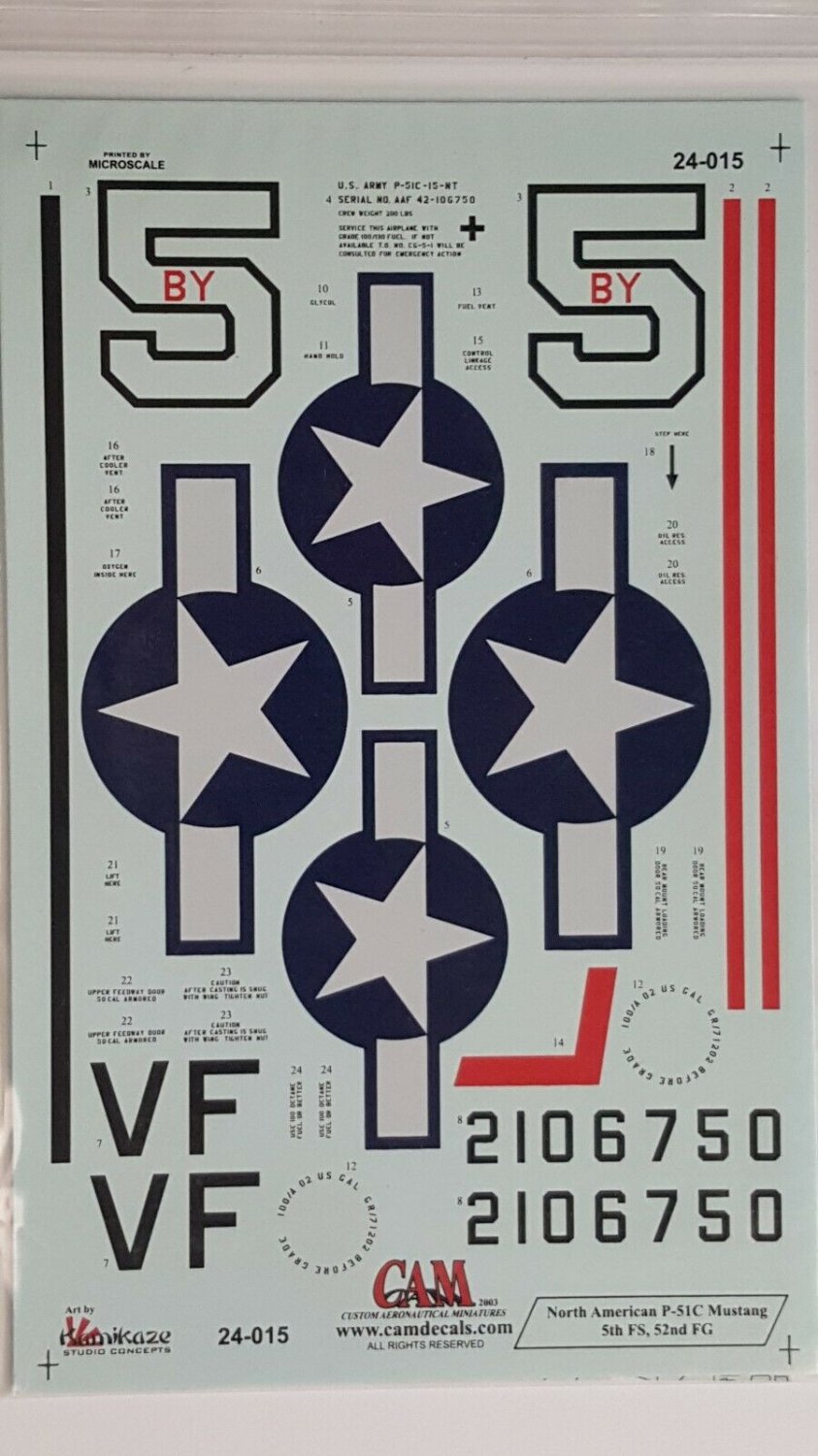 1/24 P-51C MUSTANG 5th Fighter Squadron 52nd Fighter Group CAM DECALS ...