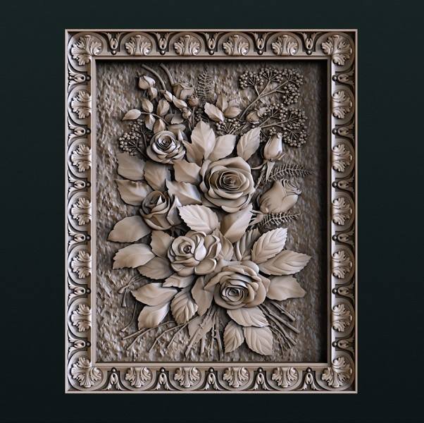 "Roses in Frame" 3D STL Model for CNC Router Aspire Artcam