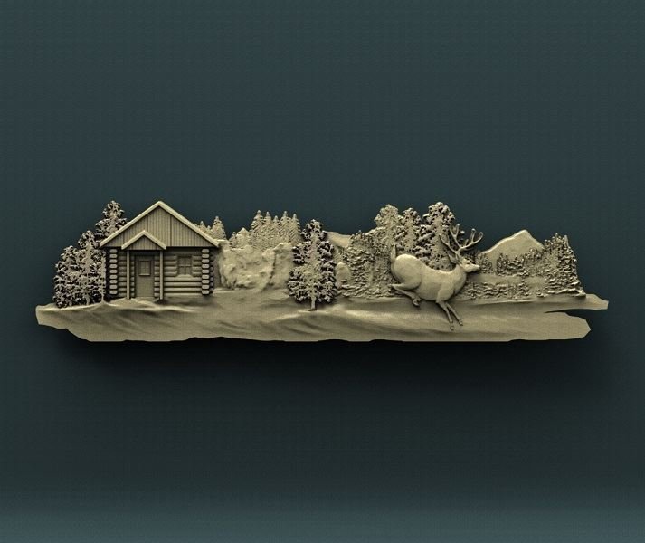 3D STL "Forest Cabin and the running deer" Model for CNC Router Aspire ...